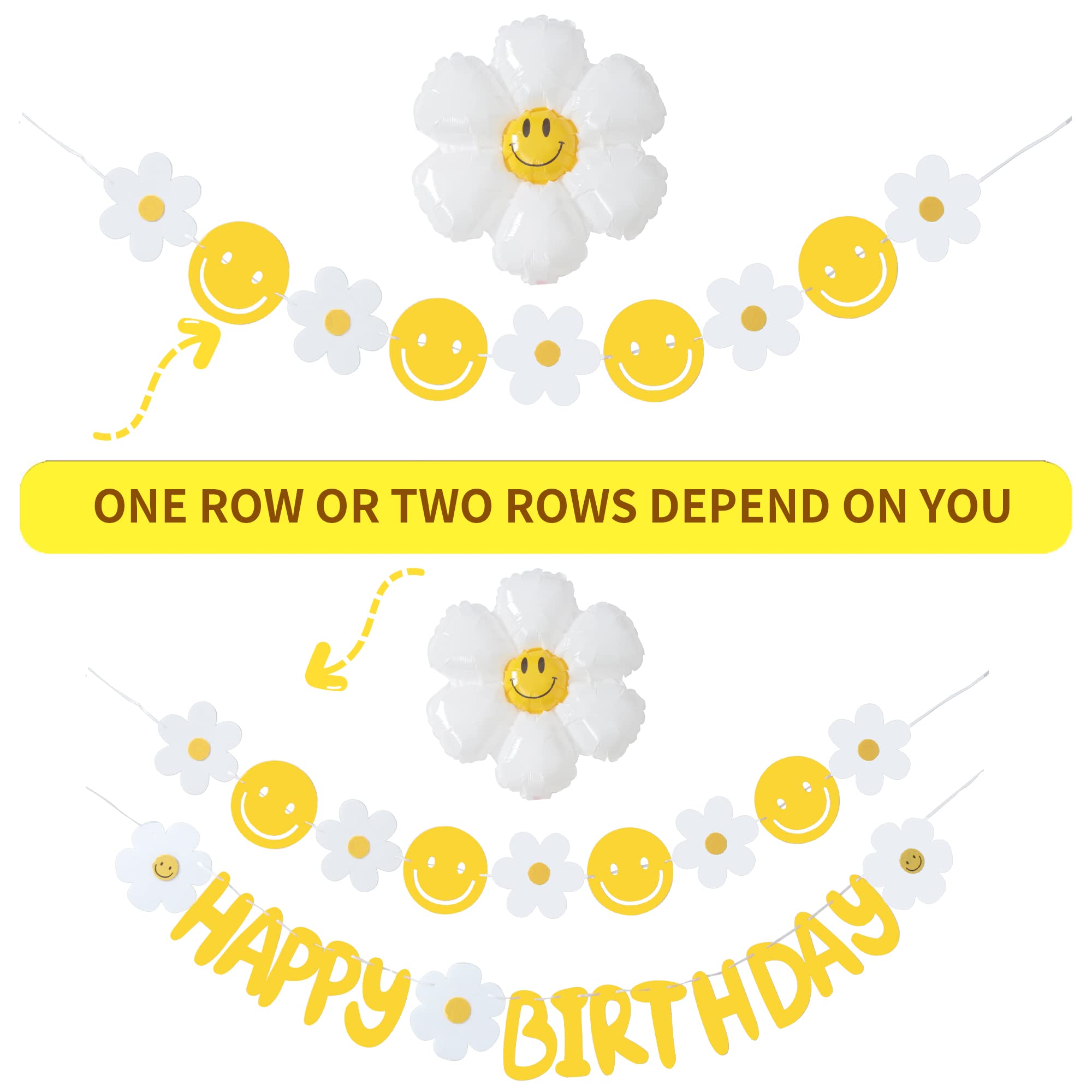 Happy Birthday Banner, Daisy Birthday Party Decorations with Daisy Balloon and Felt Daisy Smiley Face Birthday Banners for Boho Hippie Groovy Smiley Face Party Baby Shower Girl Birthday Decorations