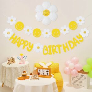 Happy Birthday Banner, Daisy Birthday Party Decorations with Daisy Balloon and Felt Daisy Smiley Face Birthday Banners for Boho Hippie Groovy Smiley Face Party Baby Shower Girl Birthday Decorations