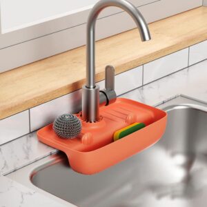 eastvita kitchen sink storage rack,faucet splash-proof draining rack,non-slip sink water collection pad kitchen rag sponge wipe sink tray holder drain basket for various countertops orange