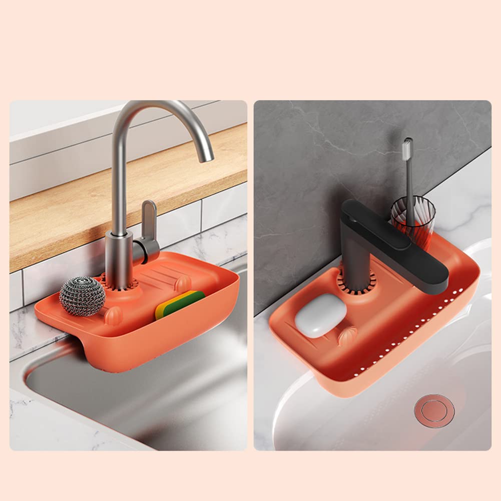 EastVita Kitchen Sink Storage Rack,Faucet Splash-Proof Draining Rack,Non-Slip Sink Water Collection Pad Kitchen Rag Sponge Wipe Sink Tray Holder Drain Basket for Various Countertops Orange