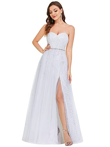 Ever-Pretty Women's Sexy Strapless Lace up Back Tulle High Slit Wedding Dresses for Bride White US6