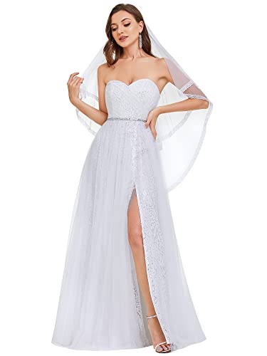 Ever-Pretty Women's Sexy Strapless Lace up Back Tulle High Slit Wedding Dresses for Bride White US6