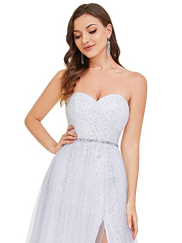 Ever-Pretty Women's Sexy Strapless Lace up Back Tulle High Slit Wedding Dresses for Bride White US6