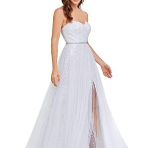 Ever-Pretty Women's Sexy Strapless Lace up Back Tulle High Slit Wedding Dresses for Bride White US6