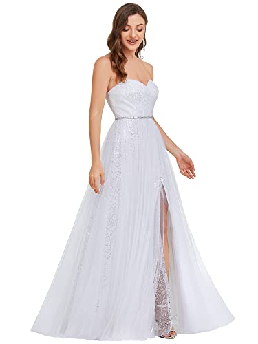 Ever-Pretty Women's Sexy Strapless Lace up Back Tulle High Slit Wedding Dresses for Bride White US6