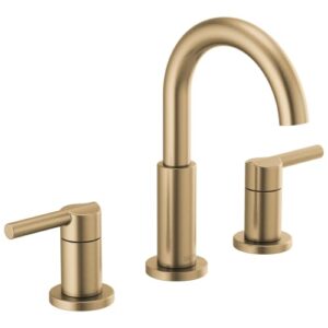 delta faucet nicoli widespread bathroom faucet 3 hole, gold bathroom sink faucet, drain assembly, champagne bronze 35749lf-cz