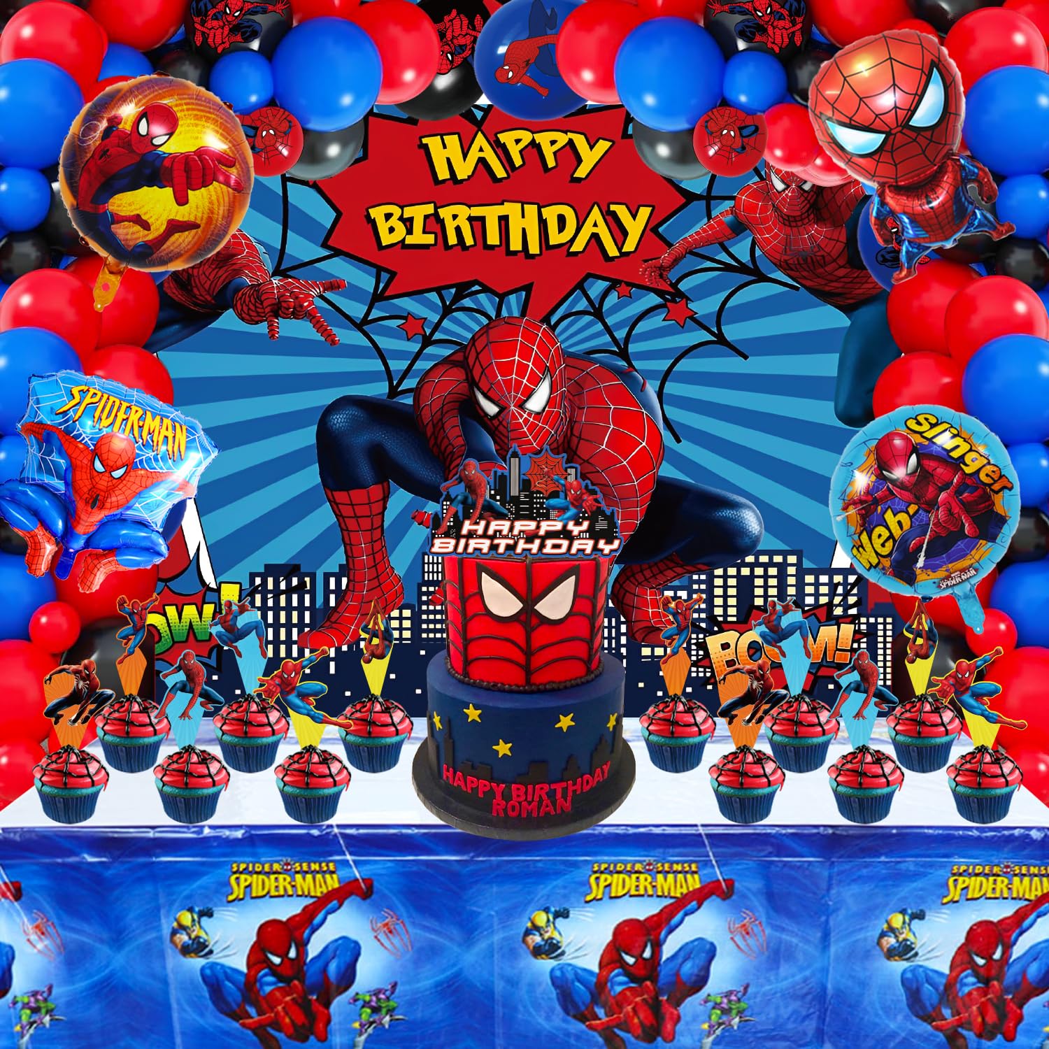 Red Spider Hero Balloons Party Supplies Arch Garland Kit, Red Spider Backdrop, Tablecloth, Cupcake Toppers,for Baby Shower Birthday Graduation Anniversary Party Decorations