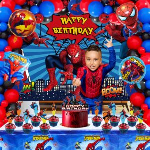 Red Spider Hero Balloons Party Supplies Arch Garland Kit, Red Spider Backdrop, Tablecloth, Cupcake Toppers,for Baby Shower Birthday Graduation Anniversary Party Decorations