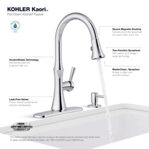 Kohler R28706-SD-CP Kaori Single Handle Kitchen Faucet with Pull Down Sprayer and Soap Dispenser, Polished Chrome