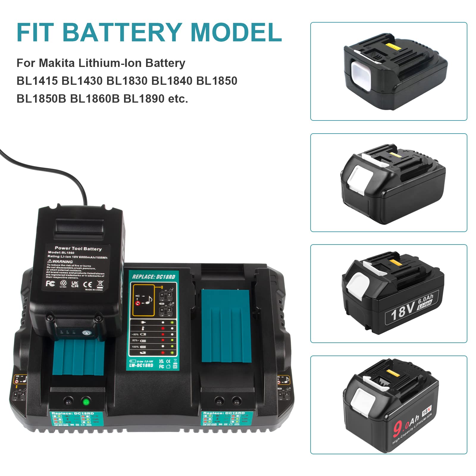 Dual Charging Ports Rapid Charger DC18RD for Makita Tools 14.4V-18V LXT Li-ion Battery BL1815 BL1820 BL1830 BL1850 BL1860 BL1840 BL1430 BL1415