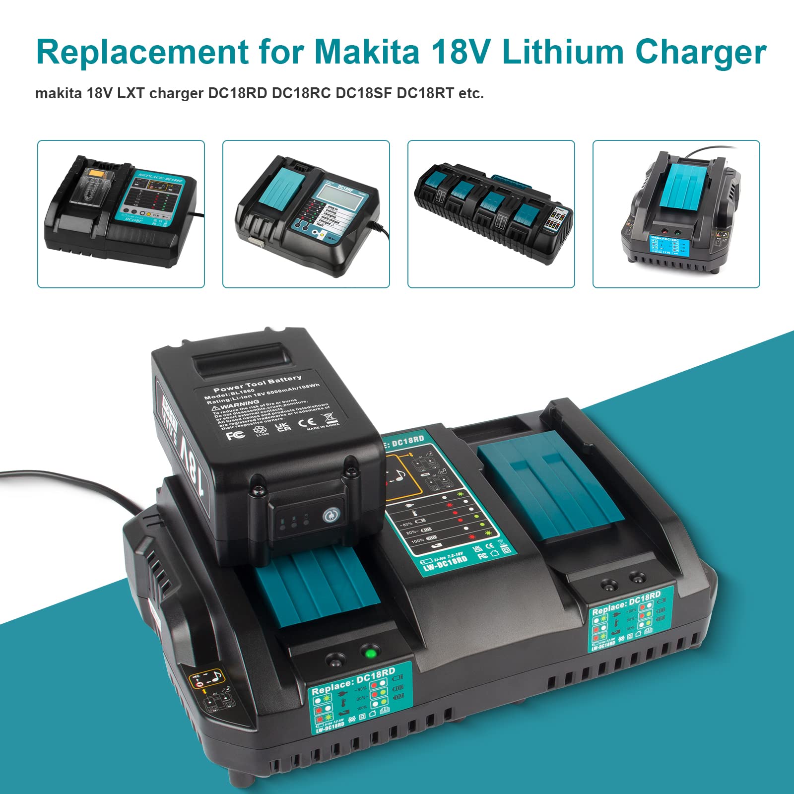 Dual Charging Ports Rapid Charger DC18RD for Makita Tools 14.4V-18V LXT Li-ion Battery BL1815 BL1820 BL1830 BL1850 BL1860 BL1840 BL1430 BL1415