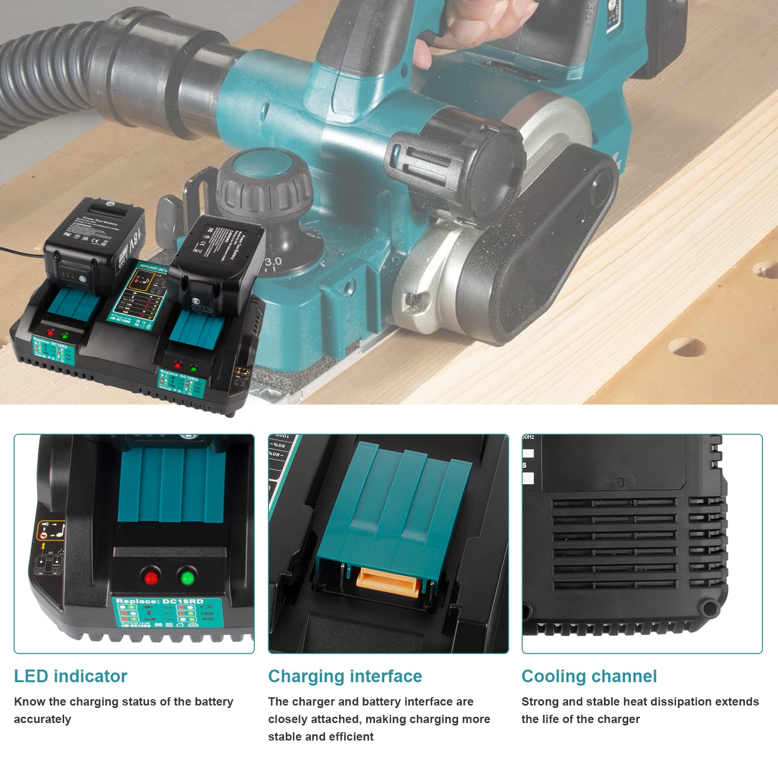 Dual Charging Ports Rapid Charger DC18RD for Makita Tools 14.4V-18V LXT Li-ion Battery BL1815 BL1820 BL1830 BL1850 BL1860 BL1840 BL1430 BL1415