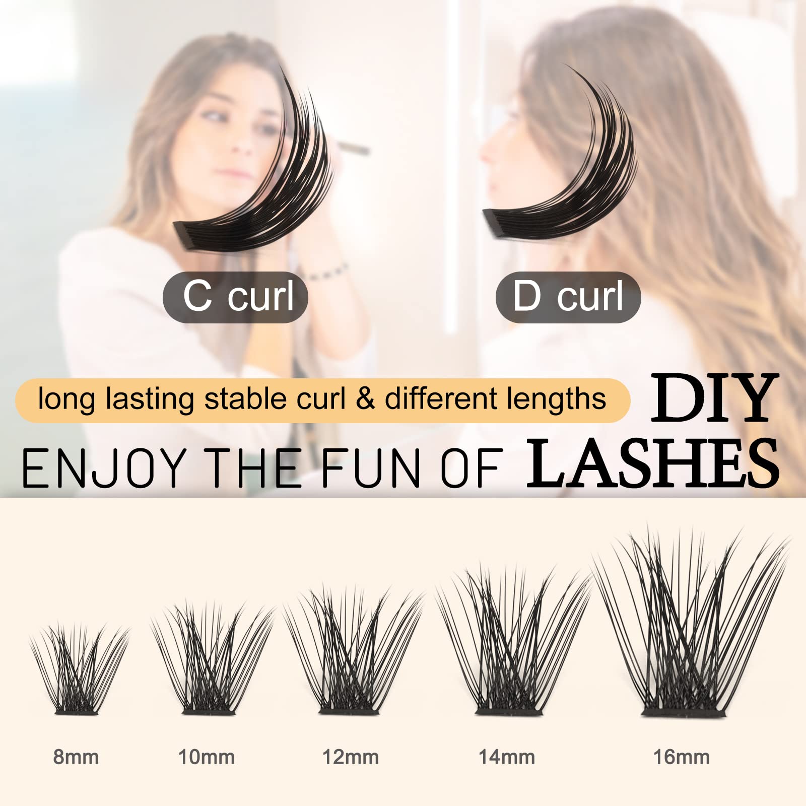 QUEWEL Cluster Lashes 72 Pcs Wide Stem Individual Lashes C/D Curl 8-16mm Length DIY Eyelash Extension False Eyelashes Natural&Mega Styles Soft for Personal Makeup Use at Home (Mega-D-14)