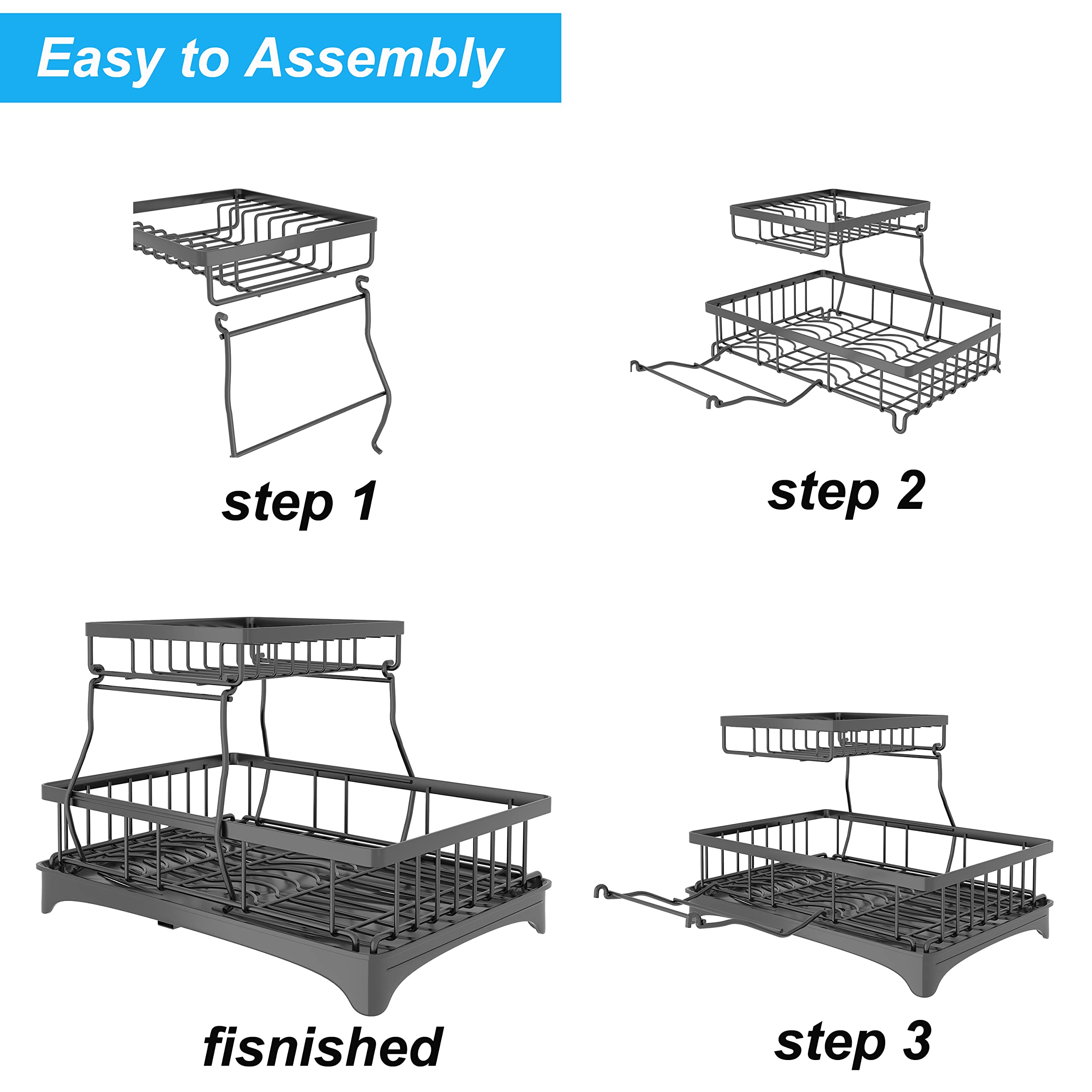 KISSWILL 2-Tier Steel Dish Drying Rack for Kitchen Counter, Detachable Large Capacity Dish Racks with Drainboard, Dish Drainer Organizer with Utensil Holder (Black)