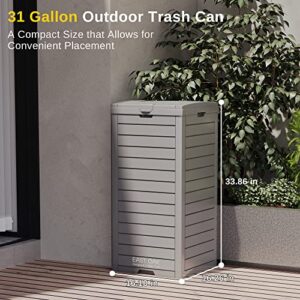 EAST OAK 31 Gallon Outdoor Trash Can, Waterproof Resin Garbage Can with Tiered Lid and Drip Tray, Outside Trash Bin for Patio, Kitchen, Backyard, Deck, Gray