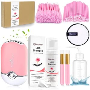 qiveaory 150ml/5.07fl.oz eyelash extension cleanser extension lash shampoo brush mini usb portable lash fan mascara brush disposable microbrush wash bottle reusable makeup remover pad gentle cleaning