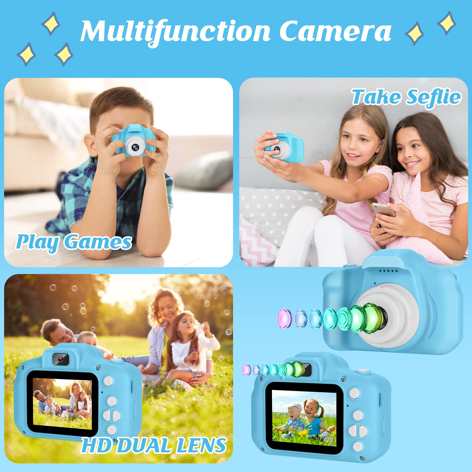 Kids Camera for Boys and Girls, SINEAU Digital Camera for Kids Toy Gift, Toddler Camera Birthday Gift for Age 3 4 5 6 7 8 9 10 with 32GB SD Card, Video Recorder 1080P IPS 2 Inch(Blue)