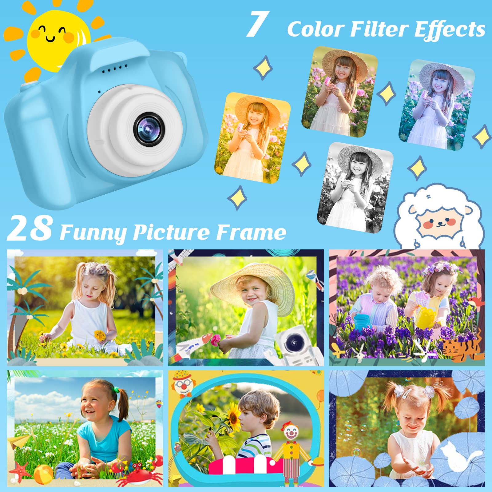 Kids Camera for Boys and Girls, SINEAU Digital Camera for Kids Toy Gift, Toddler Camera Birthday Gift for Age 3 4 5 6 7 8 9 10 with 32GB SD Card, Video Recorder 1080P IPS 2 Inch(Blue)