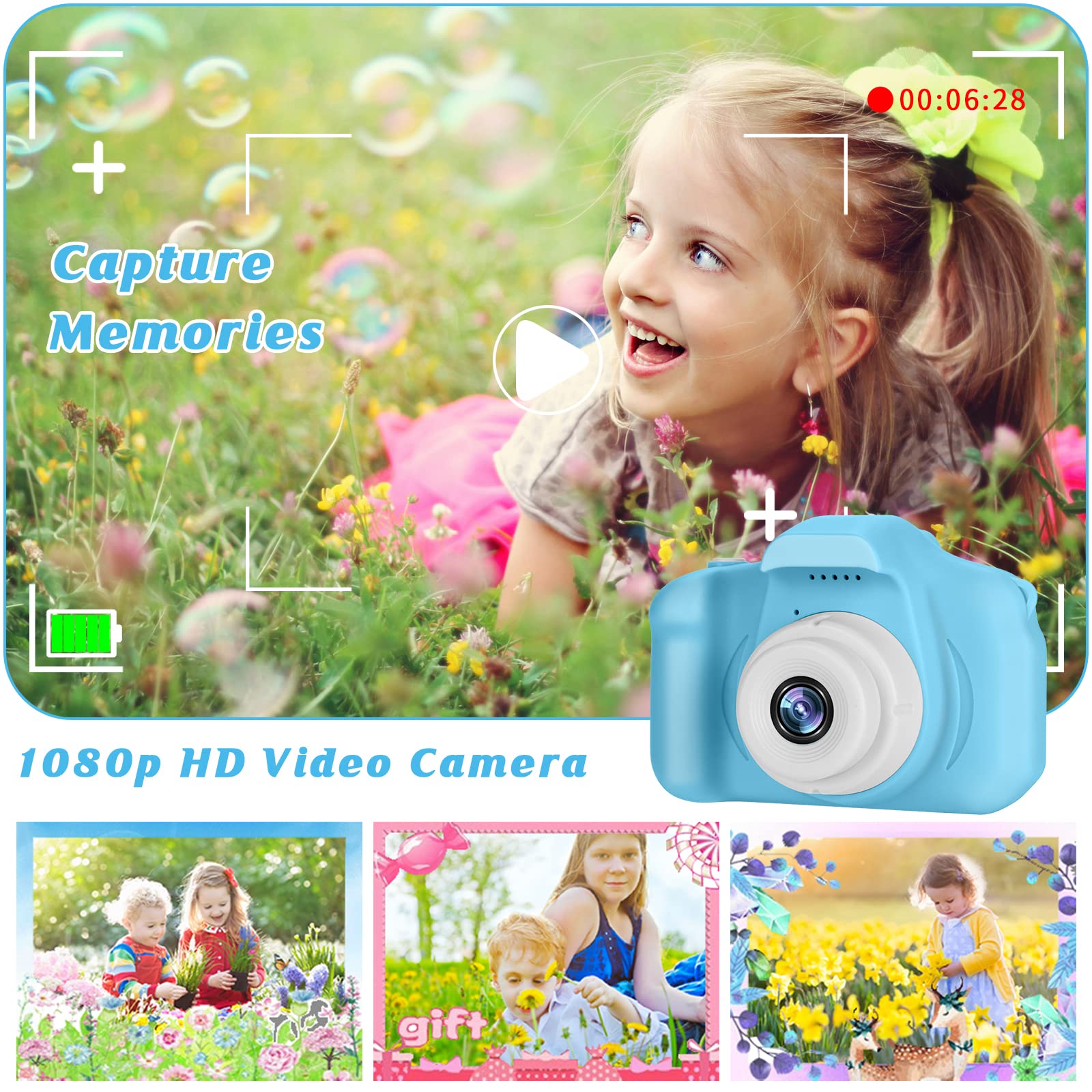 Kids Camera for Boys and Girls, SINEAU Digital Camera for Kids Toy Gift, Toddler Camera Birthday Gift for Age 3 4 5 6 7 8 9 10 with 32GB SD Card, Video Recorder 1080P IPS 2 Inch(Blue)