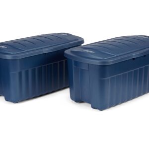 Rubbermaid Roughneck️ 40 Gallon Storage Totes, Pack of 2, Durable Stackable Storage Containers with Hinged Lids, Nestable Plastic Storage Bins for Tools or Moving Boxes, Dark Indigo Metallic