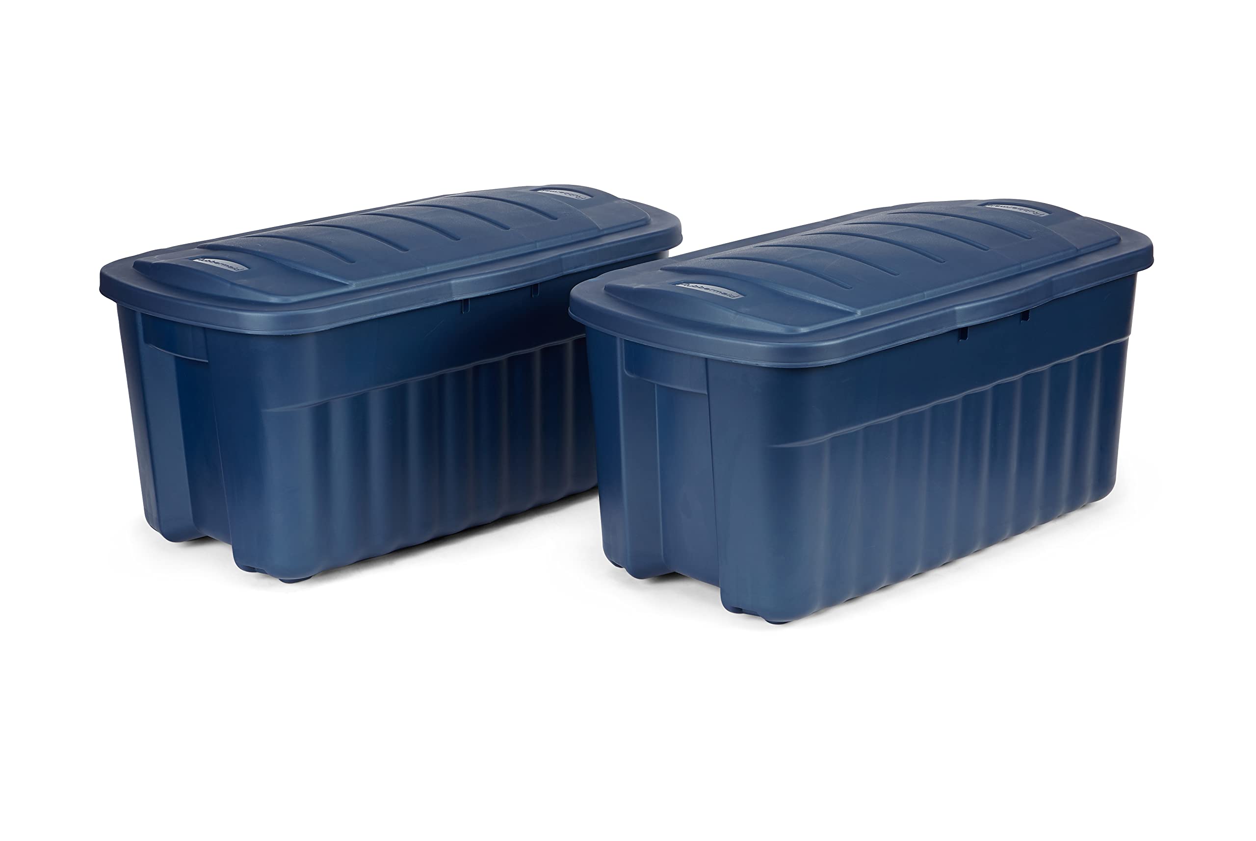 Rubbermaid Roughneck️ 40 Gallon Storage Totes, Pack of 2, Durable Stackable Storage Containers with Hinged Lids, Nestable Plastic Storage Bins for Tools or Moving Boxes, Dark Indigo Metallic