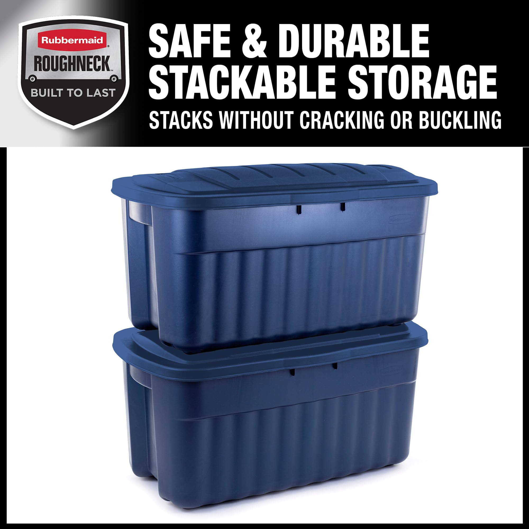 Rubbermaid Roughneck️ 40 Gallon Storage Totes, Pack of 2, Durable Stackable Storage Containers with Hinged Lids, Nestable Plastic Storage Bins for Tools or Moving Boxes, Dark Indigo Metallic