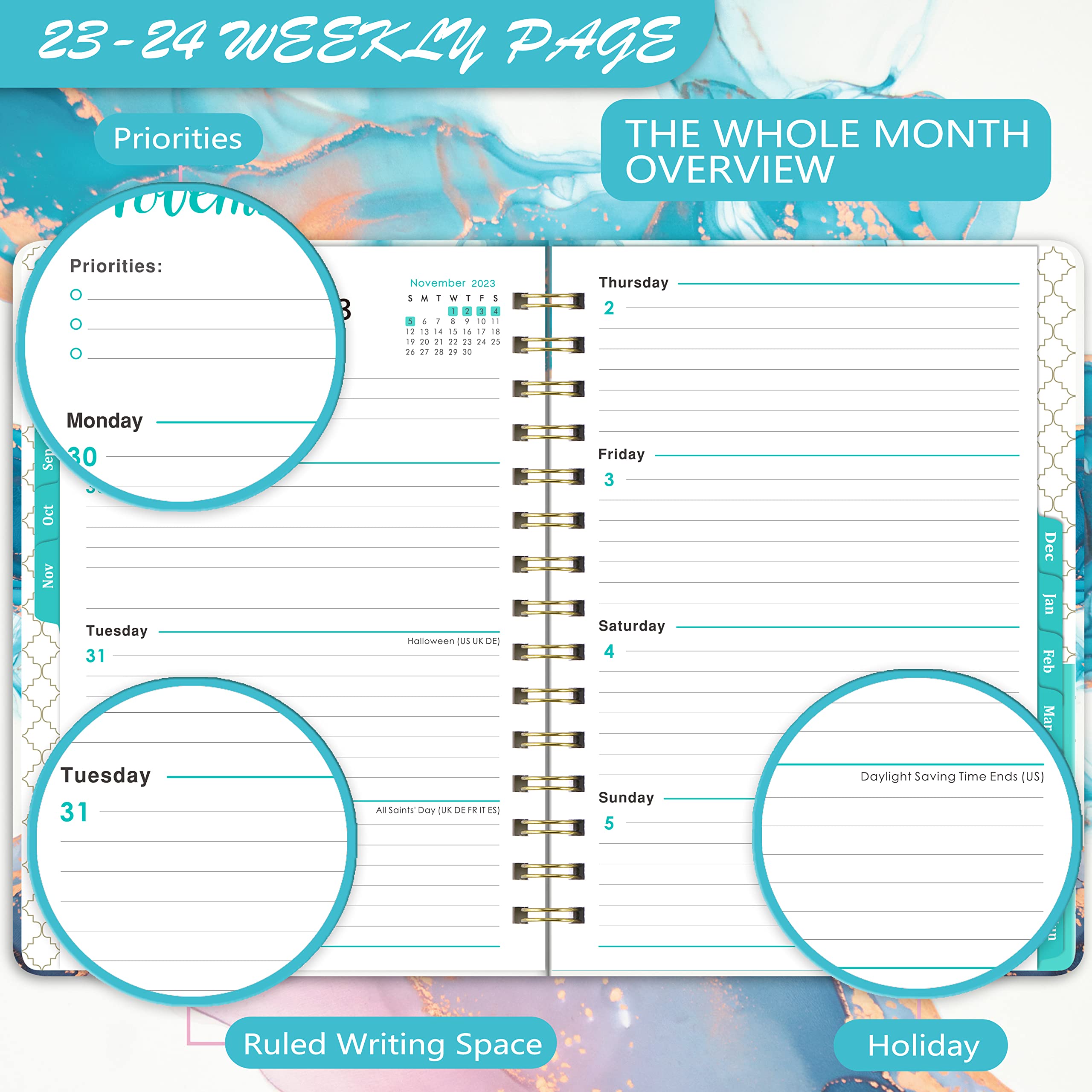 2023-2024 Planner - 2023-2024 Academic Weekly & Monthly Planner with Tabs, 6.3" x 8.4", July 2023 - June 2024, Hardcover with Back Pocket + Thick Paper + Twin-Wire Binding - Contrast Watercolor