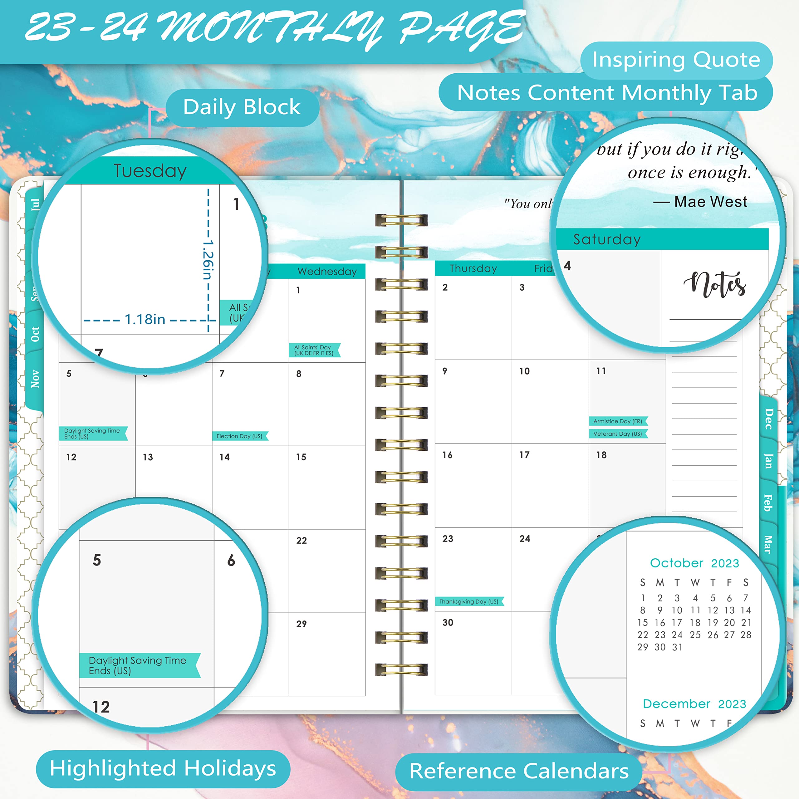 2023-2024 Planner - 2023-2024 Academic Weekly & Monthly Planner with Tabs, 6.3" x 8.4", July 2023 - June 2024, Hardcover with Back Pocket + Thick Paper + Twin-Wire Binding - Contrast Watercolor