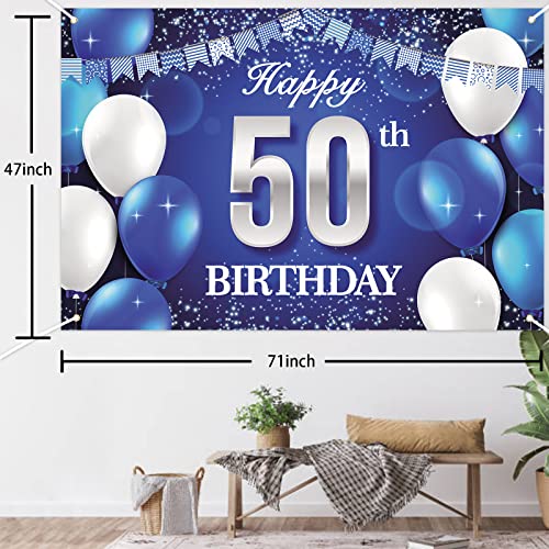 4 x 6ft Happy 50th Birthday Party Decorations Banner Blue and Silver - Cheers to 50 Years Anniversary Photo Booth Backdrop party Supplies for Girls and Boys