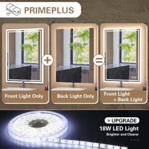 PRIMEPLUS 24x40 inch LED Lighted Bathroom Mirror with Anti-Fog, Wall Mounted Vanity Mirror with Smart Touch Button, Memory Function, Adjustable Warm White/Natural/Daylight Lights(Horizontal/Vertical)