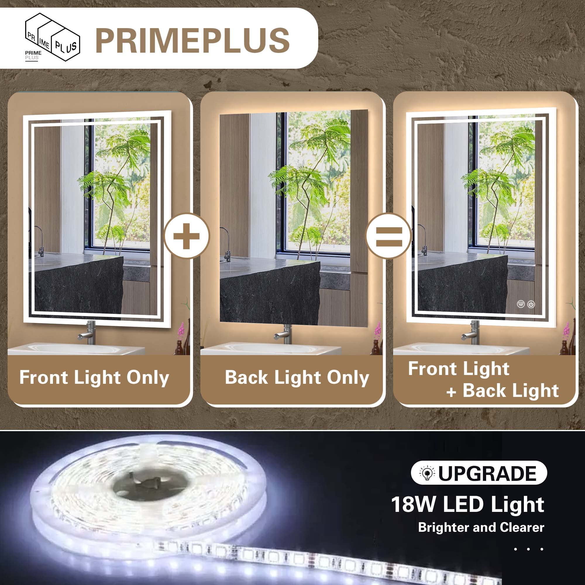 PRIMEPLUS 24x40 inch LED Lighted Bathroom Mirror with Anti-Fog, Wall Mounted Vanity Mirror with Smart Touch Button, Memory Function, Adjustable Warm White/Natural/Daylight Lights(Horizontal/Vertical)