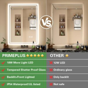 PRIMEPLUS 24x40 inch LED Lighted Bathroom Mirror with Anti-Fog, Wall Mounted Vanity Mirror with Smart Touch Button, Memory Function, Adjustable Warm White/Natural/Daylight Lights(Horizontal/Vertical)