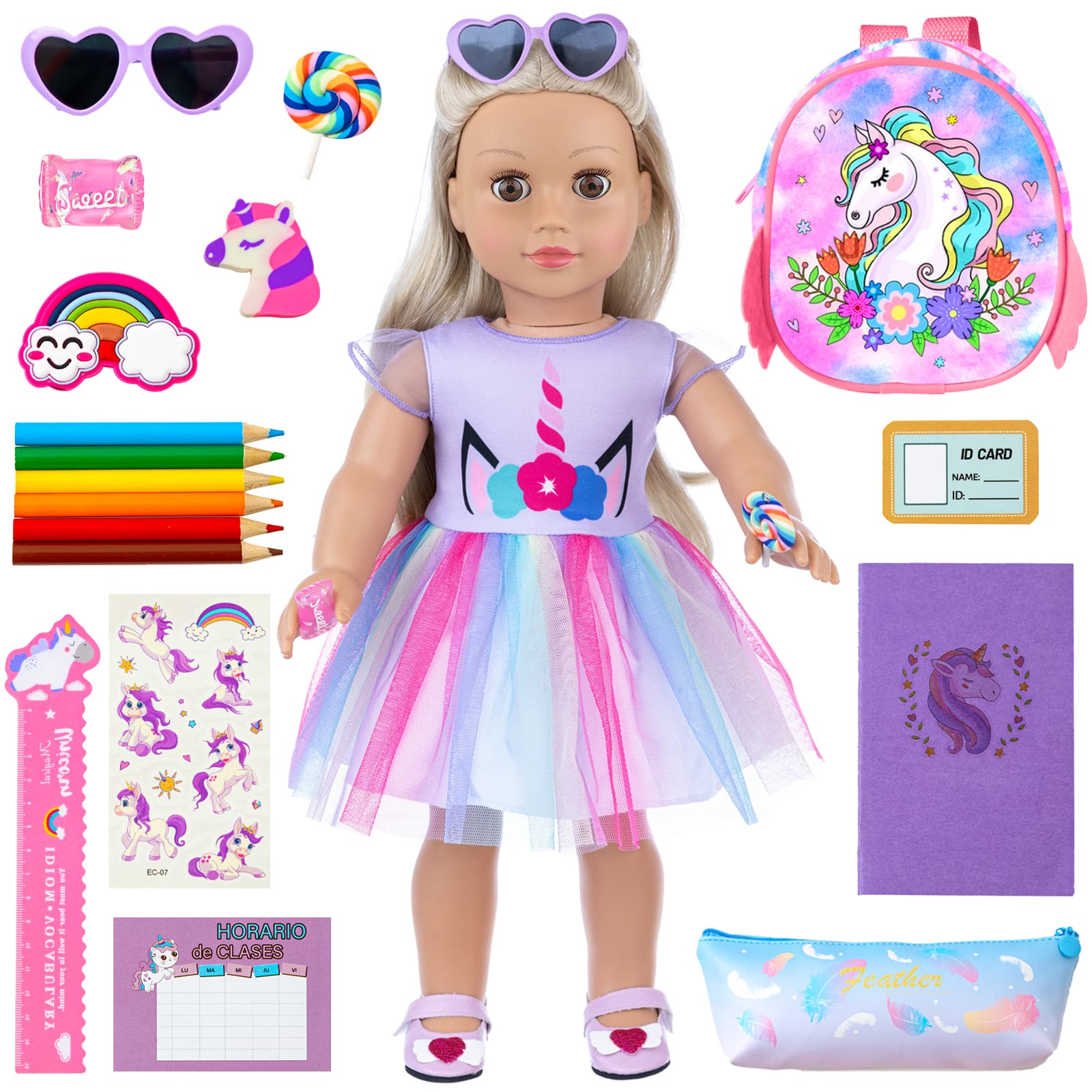 ECORELF 18 Inch Girl Doll Accessories and Clothes ,13Pcs School Supplies Set Included Doll Clothes Unicorn Print School Backpack, Pencil, Stationery, Random Sticker and Notebook,etc