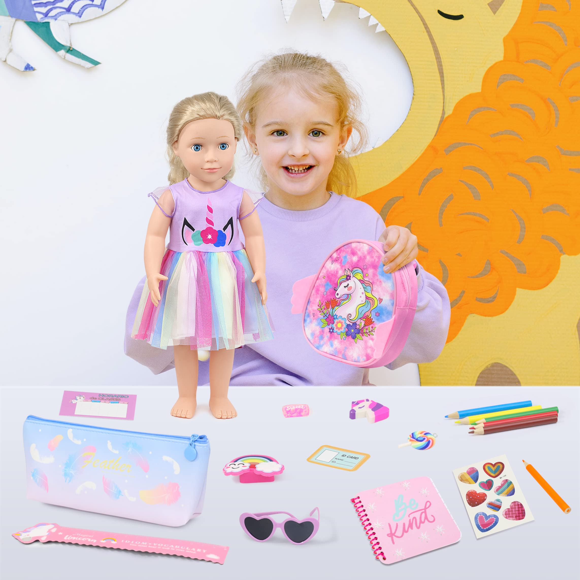 ECORELF 18 Inch Girl Doll Accessories and Clothes ,13Pcs School Supplies Set Included Doll Clothes Unicorn Print School Backpack, Pencil, Stationery, Random Sticker and Notebook,etc