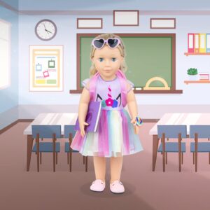 ECORELF 18 Inch Girl Doll Accessories and Clothes ,13Pcs School Supplies Set Included Doll Clothes Unicorn Print School Backpack, Pencil, Stationery, Random Sticker and Notebook,etc