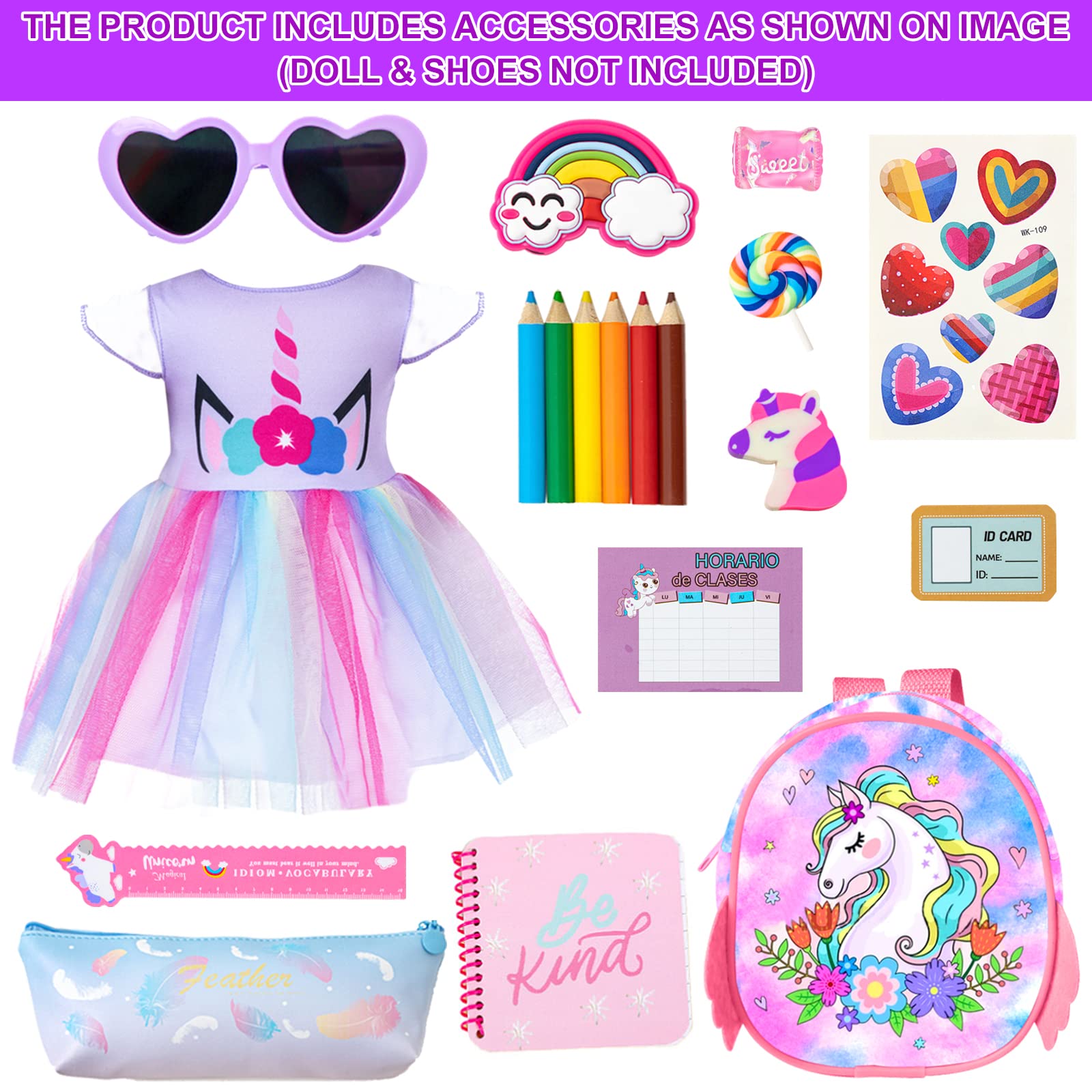 ECORELF 18 Inch Girl Doll Accessories and Clothes ,13Pcs School Supplies Set Included Doll Clothes Unicorn Print School Backpack, Pencil, Stationery, Random Sticker and Notebook,etc