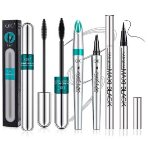 2 in 1 vibely mascara 5x longer voluminous eyelashes, natural waterproof no clumping, 3 set with 4d silk fiber mascara & eyeliner & eyebrow pencil, long lasting makeup salon kit (4# black)