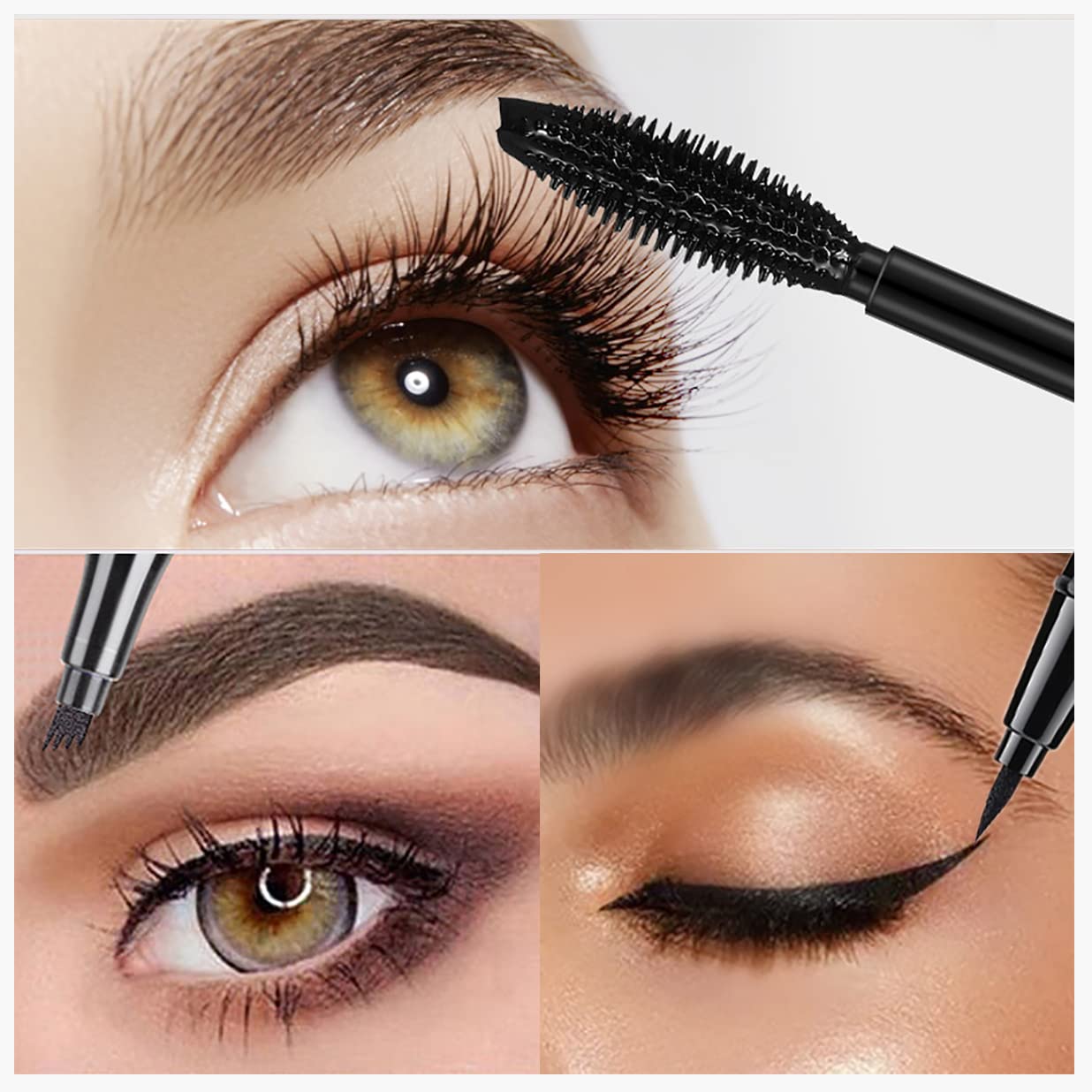 2 in 1 Vibely Mascara 5x Longer Voluminous Eyelashes, Natural Waterproof No Clumping, 3 Set with 4D Silk Fiber Mascara & Eyeliner & Eyebrow Pencil, Long Lasting Makeup Salon Kit (4# Black)