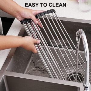 NileHome Roll Up Dish Drying Rack, Sink Drying Rack Over Sink Dish Drying Rack 304 Stainless Steel Foldable Drain Rack for Kitchen Sink Counter Utensils Vegetables and Fruits (17.5''X16.5'')，Black