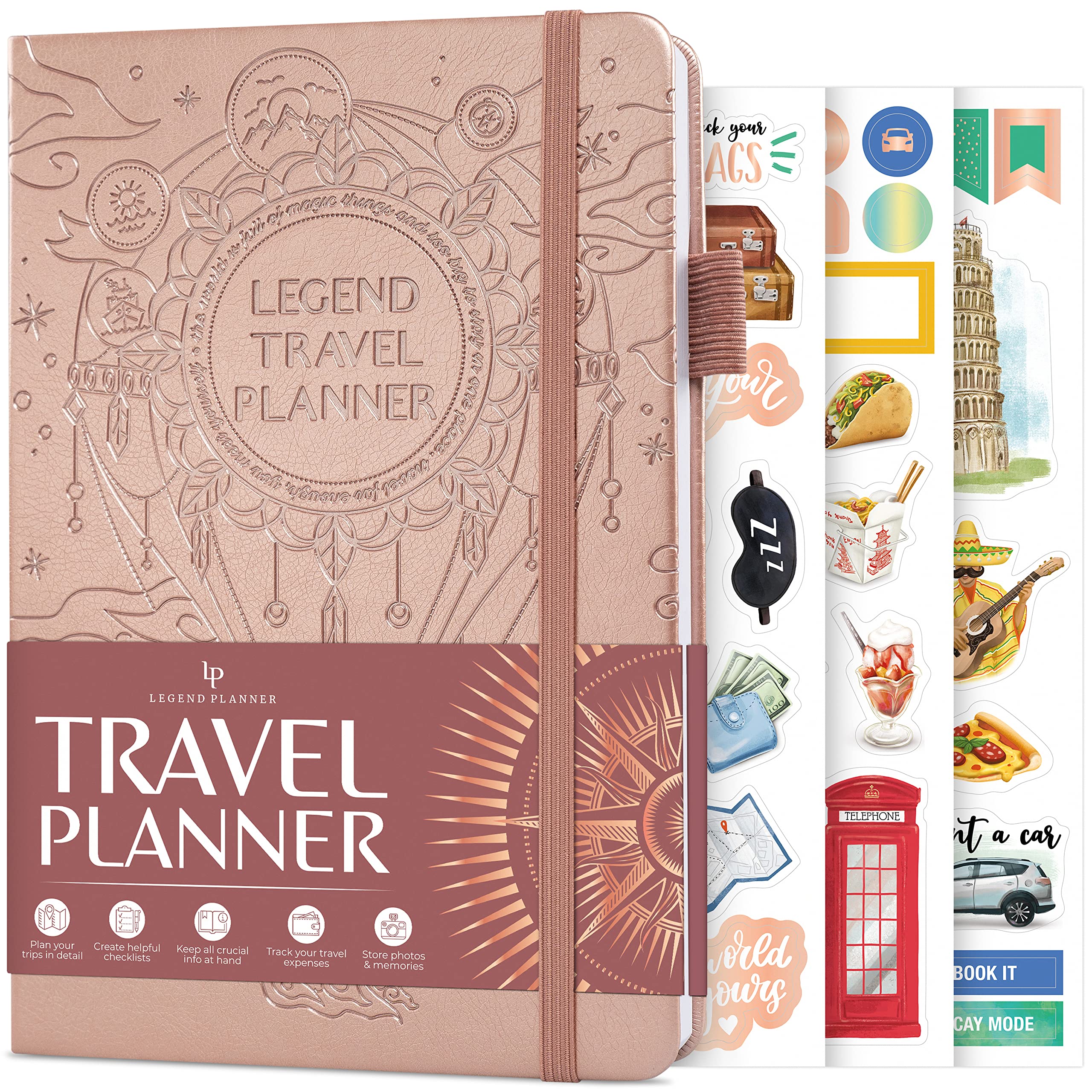 Legend Travel Planner – Vacation Itinerary Organizer for Solo Travel & Couples – Travelling Journal for Women & Men – Traveling Log with Expense Tracker & Packing List – Hardcover (Rose Gold)