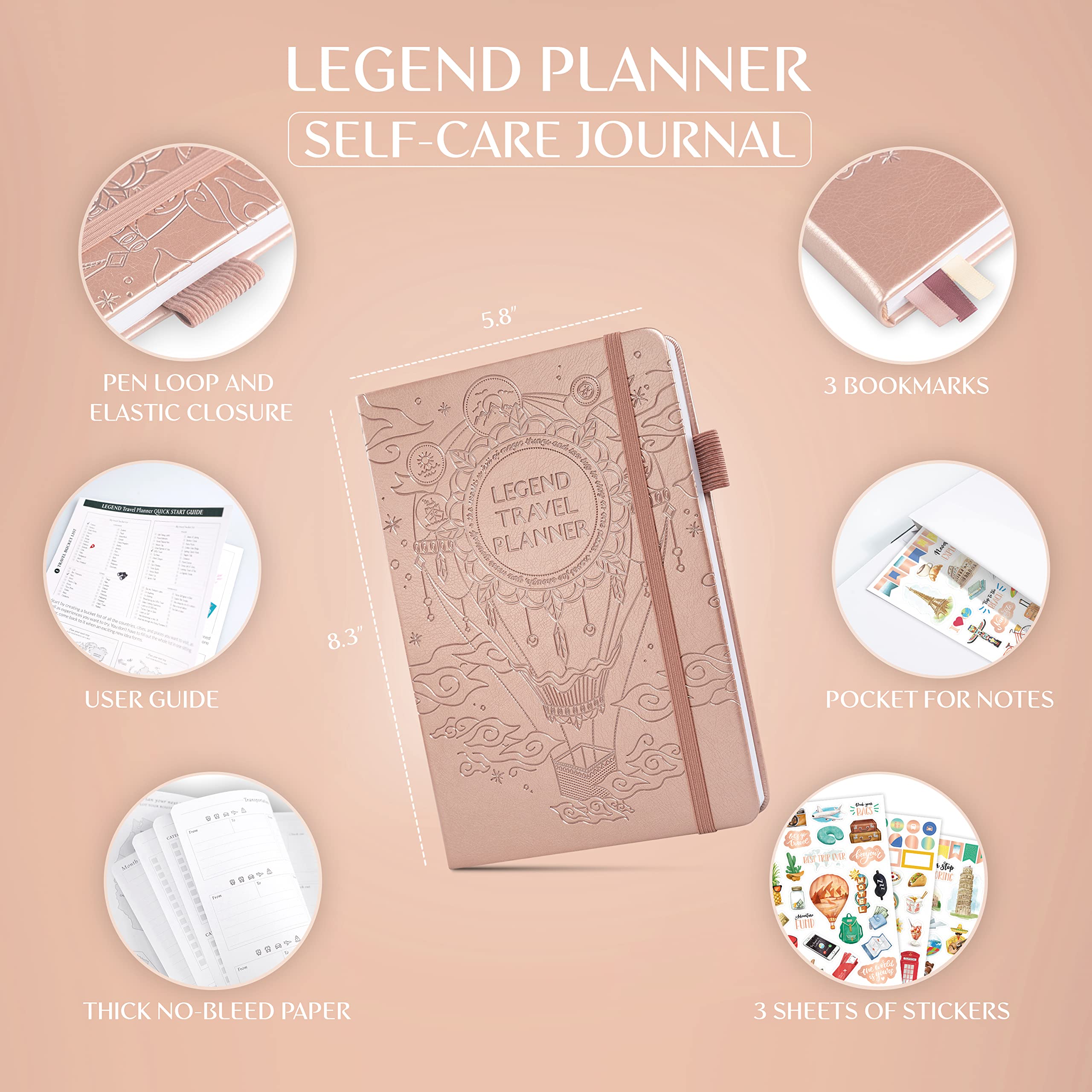 Legend Travel Planner – Vacation Itinerary Organizer for Solo Travel & Couples – Travelling Journal for Women & Men – Traveling Log with Expense Tracker & Packing List – Hardcover (Rose Gold)