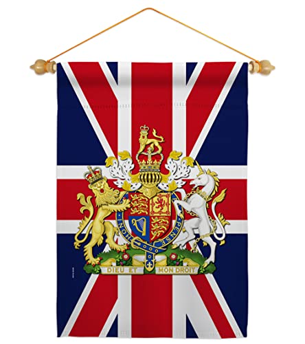 Queen Elizabeth II Flag Coat of Arms United Kingdom Garden Flag - Set Wood Dowel Sweet Life Sympathy Remembrance Bereavement Emotion Postive - House Banner Small Yard Gift Double-Sided 13 X 18.5