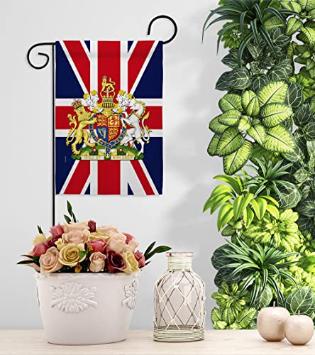 Queen Elizabeth II Flag Coat of Arms United Kingdom Garden Flag - Set Wood Dowel Sweet Life Sympathy Remembrance Bereavement Emotion Postive - House Banner Small Yard Gift Double-Sided 13 X 18.5