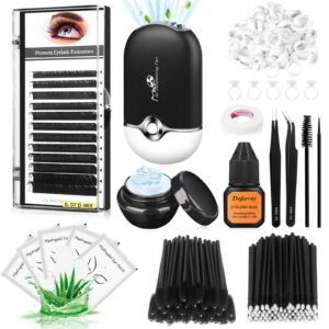 eyelash extension kit lash extensions supplies for beginners with individual lash 0.07d curl mix 8-15mm, glue, eyelash remover, usb lash fan, tweezers, eye gel pads, micro brushes, mascara brushes