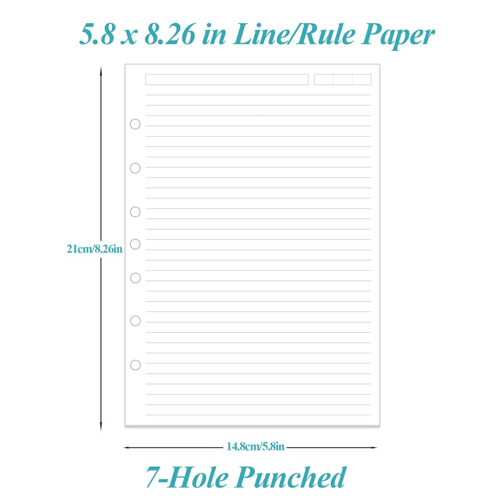 A5 Lined Refill Paper - 100 Sheets/200 Pages Loose Leaf Paper for Filofax Planner, Organizer, Binders, 7-Hole Punched, 100gsm Ruled White Pages, 5.8" x 8.2" (White)