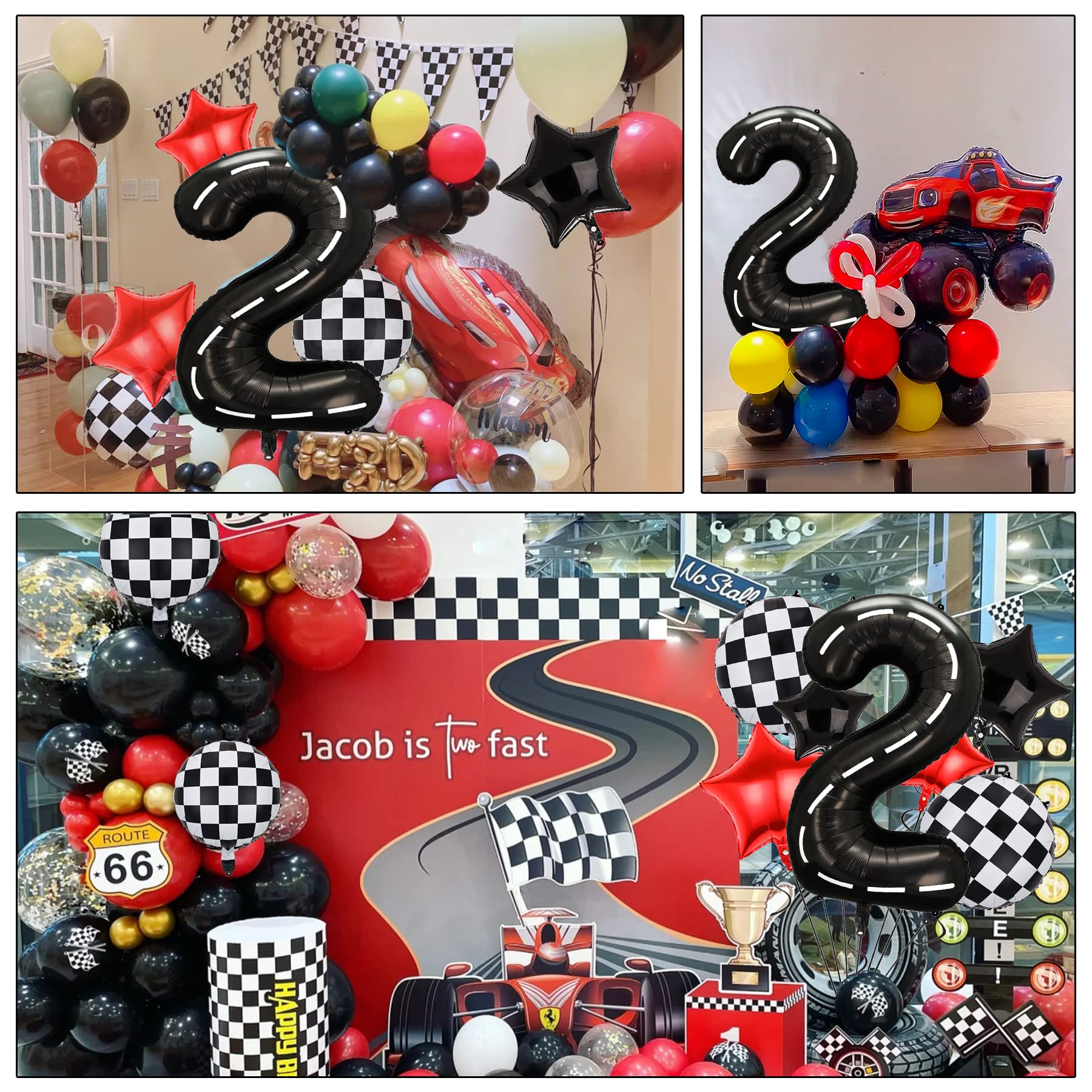 Race Car Birthday Party Balloons,40 Inch Big Mylar Foil Racetrack Number Balloon 2 Black for Boys Two Fast Birthday Party Decorations,Race Car Theme Party Decorations Supplies 9 Pcs Set