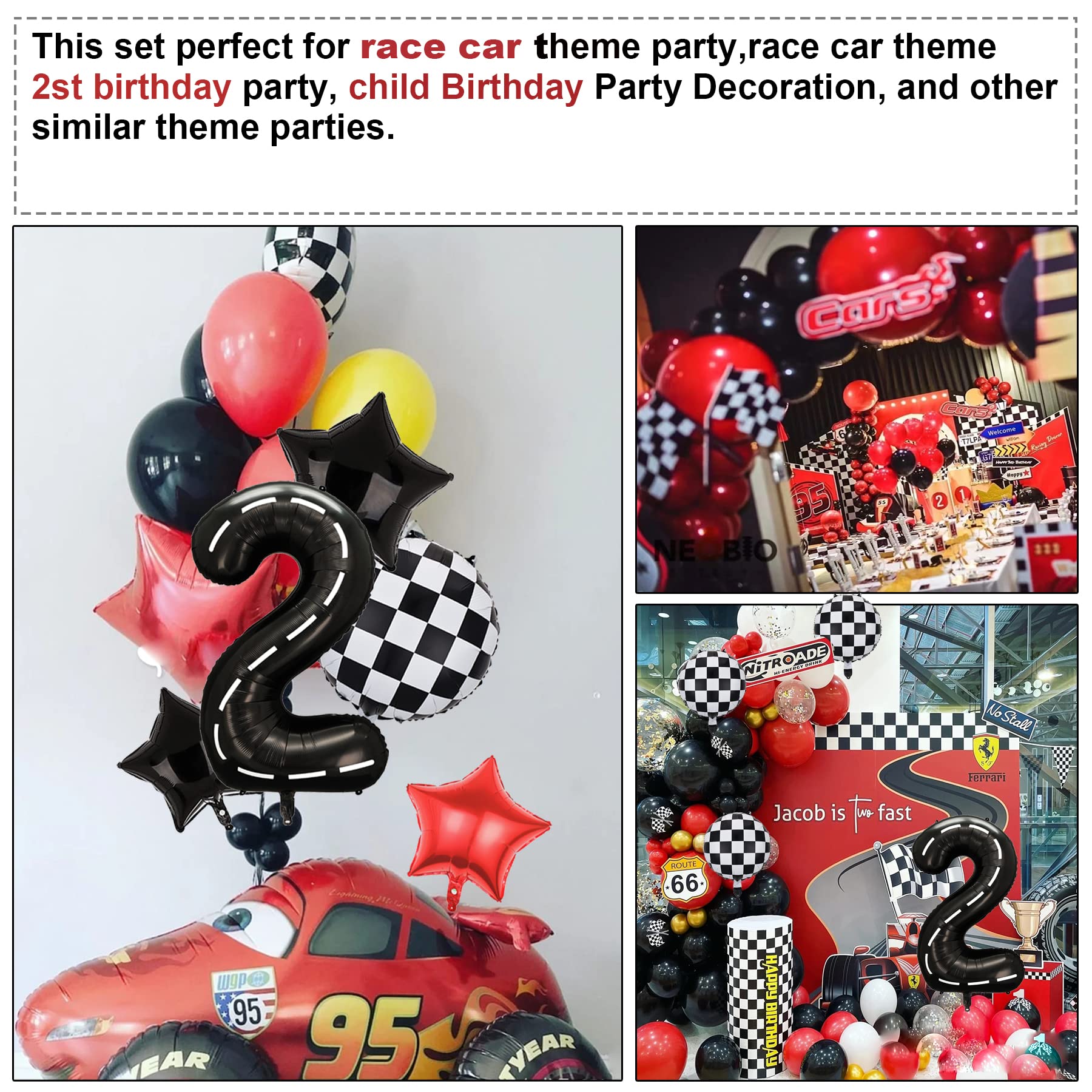 Race Car Birthday Party Balloons,40 Inch Big Mylar Foil Racetrack Number Balloon 2 Black for Boys Two Fast Birthday Party Decorations,Race Car Theme Party Decorations Supplies 9 Pcs Set