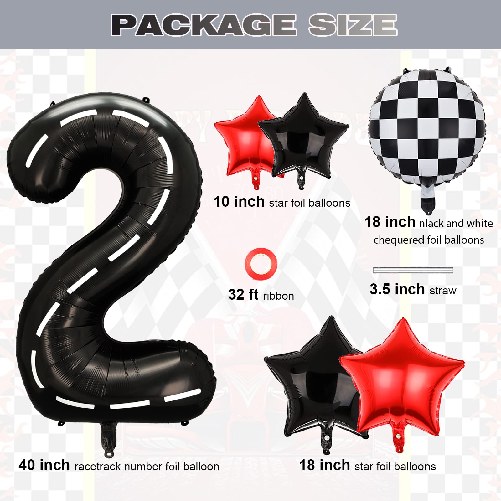 Race Car Birthday Party Balloons,40 Inch Big Mylar Foil Racetrack Number Balloon 2 Black for Boys Two Fast Birthday Party Decorations,Race Car Theme Party Decorations Supplies 9 Pcs Set