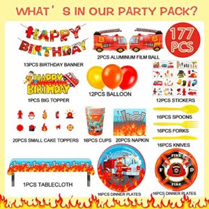 Fire Truck Birthday Party Supplies,155pcs Fire Truck Birthday Party Decorations for Boys-Firetruck Birthday Decorations Balloons Plates Napkins Tablecloth etc Fire Truck Themed Birthday Party Supplies