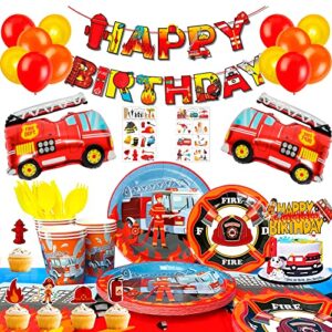 fire truck birthday party supplies,155pcs fire truck birthday party decorations for boys-firetruck birthday decorations balloons plates napkins tablecloth etc fire truck themed birthday party supplies